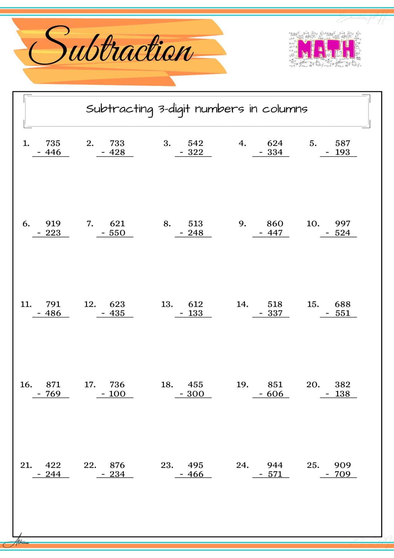4 Digit Subtraction Worksheets