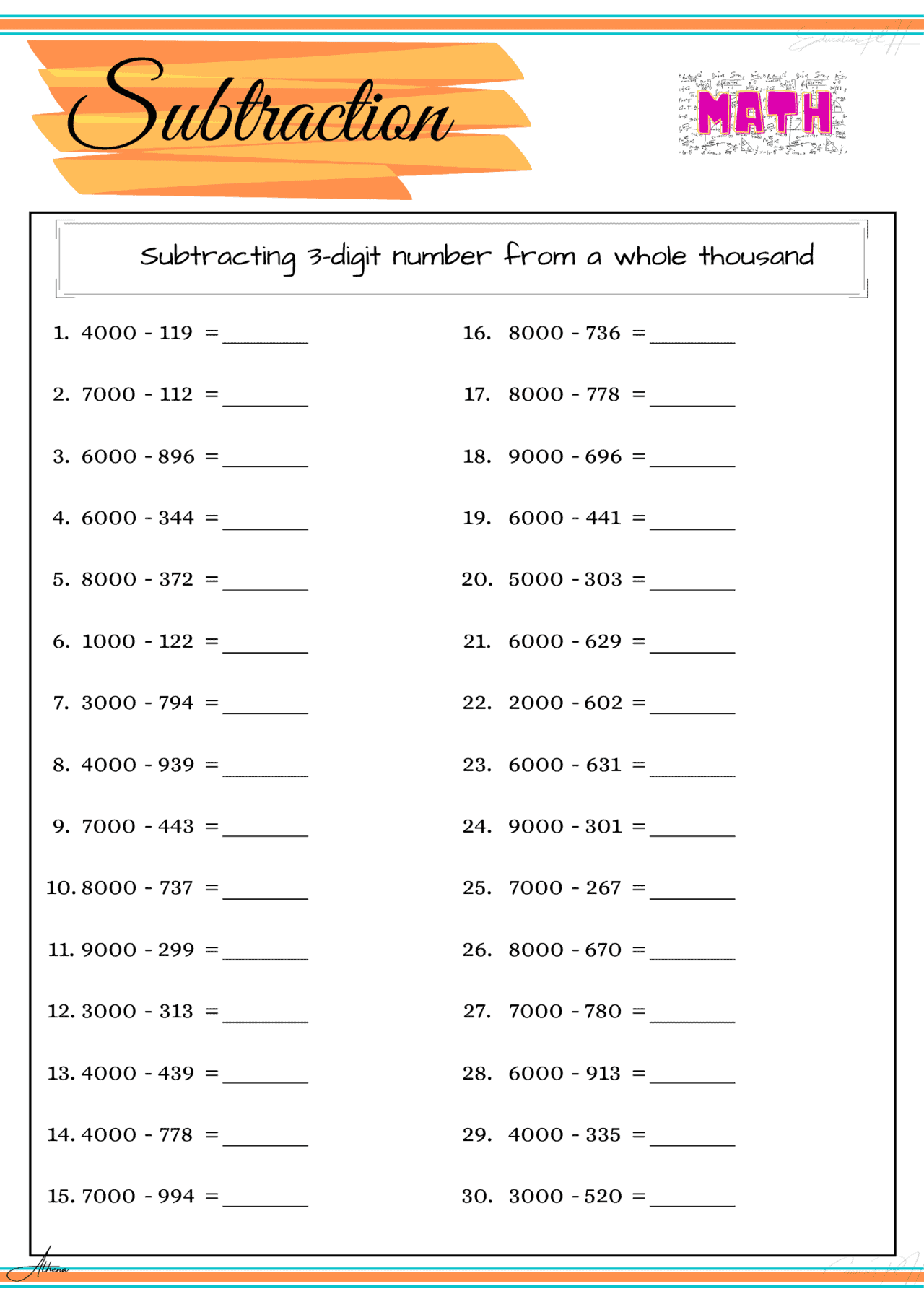 Grade 4 Math Worksheets Subtraction
